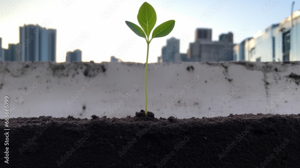 Skyline Sprout: A single green shoot emerging from a concrete city ...