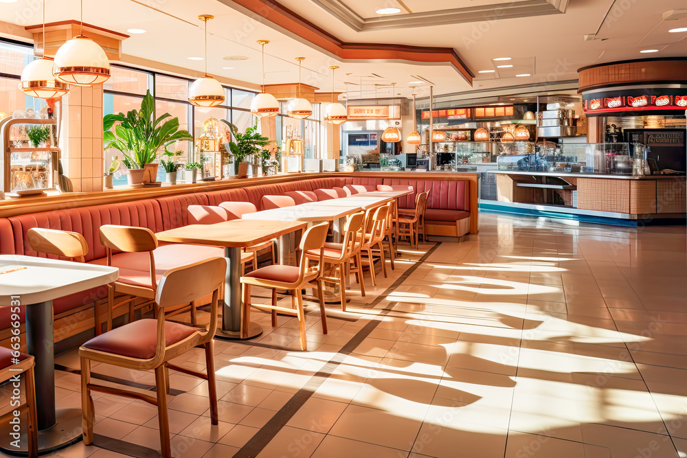Cozy Corner of Serene and Empty Food Court Interior with beautiful ...