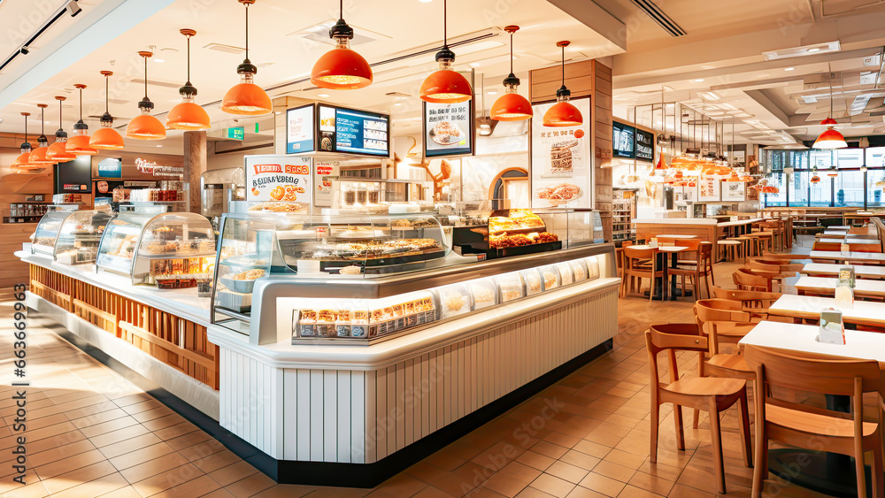 Cozy Corner of Serene and Empty Food Court Interior with beautiful ...