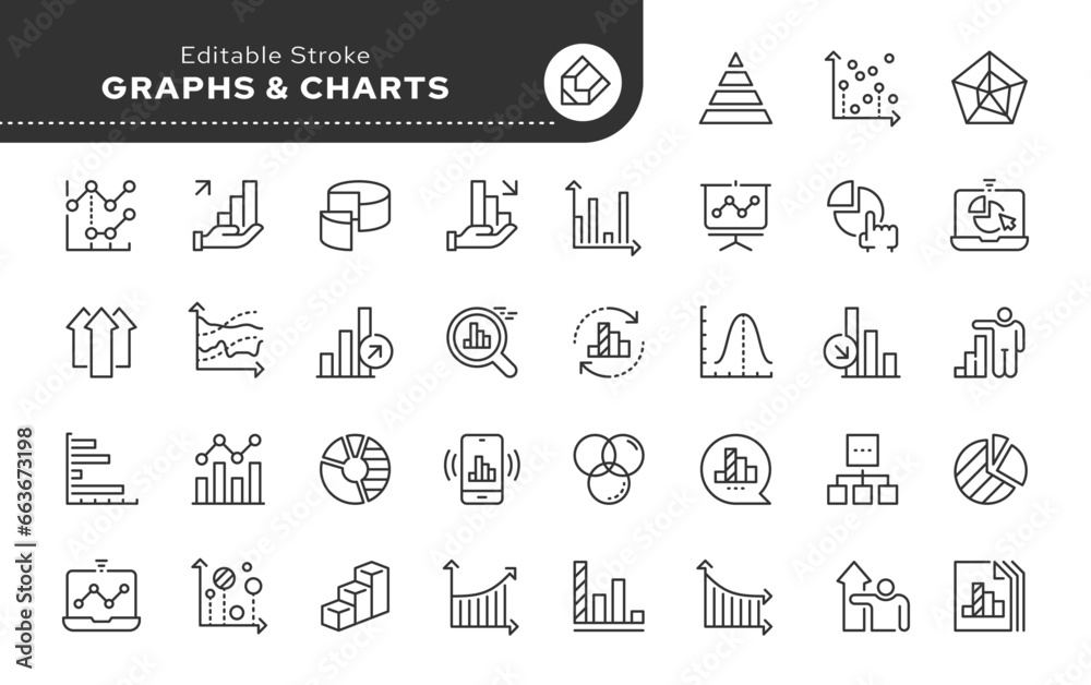 Graph, chart and diagram. Line icon set. Static analytical charts of ...