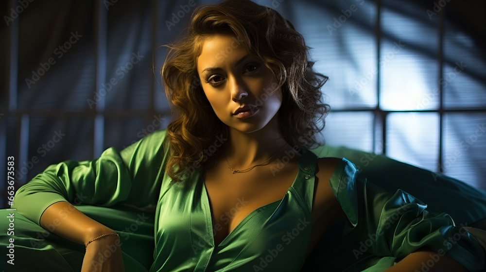 Noir Film Femme Fatale, woman in a sultry green dress poses against a moody, dimly lit backdrop ...