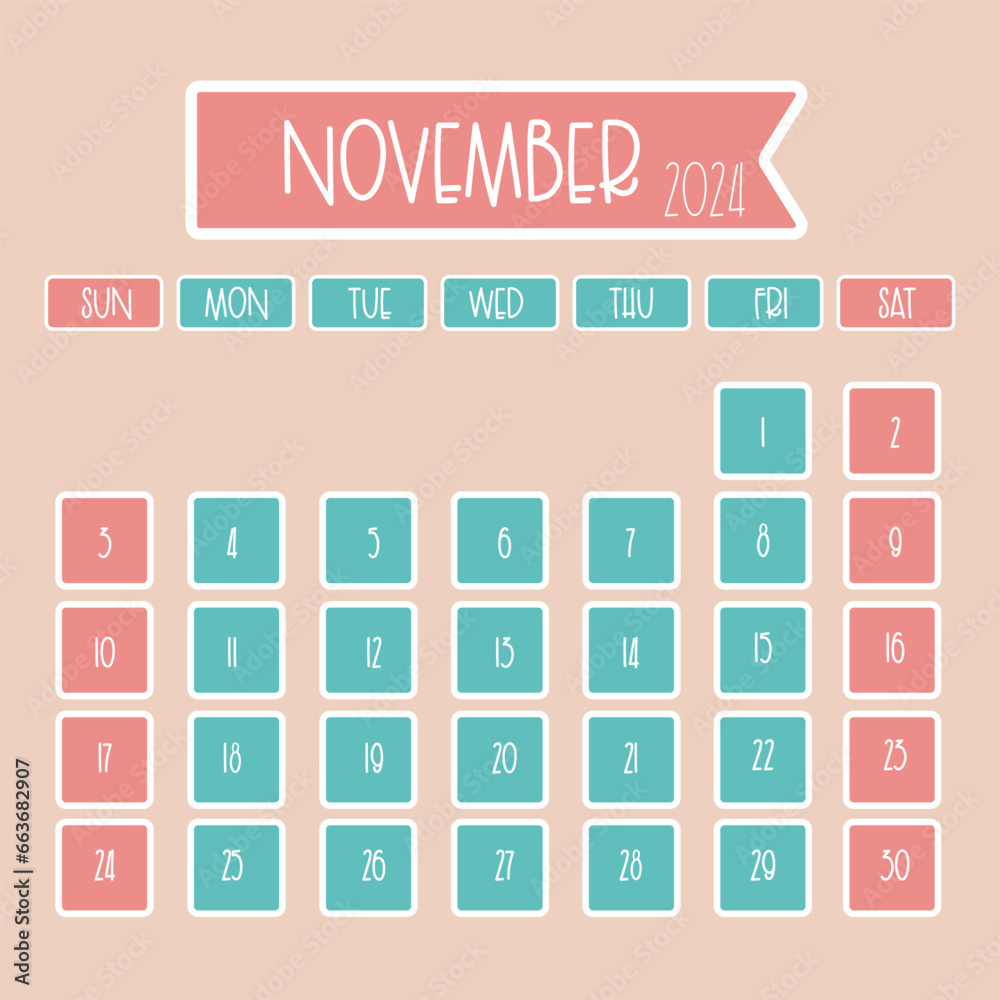 November 2024 monthly calendar design with thin font where week starts ...