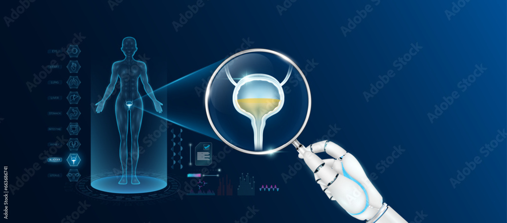 Doctor robot hand holding magnifying glass looking bladder analysis and ...