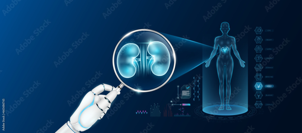 Doctor robot hand holding magnifying glass looking kidney analysis and ...