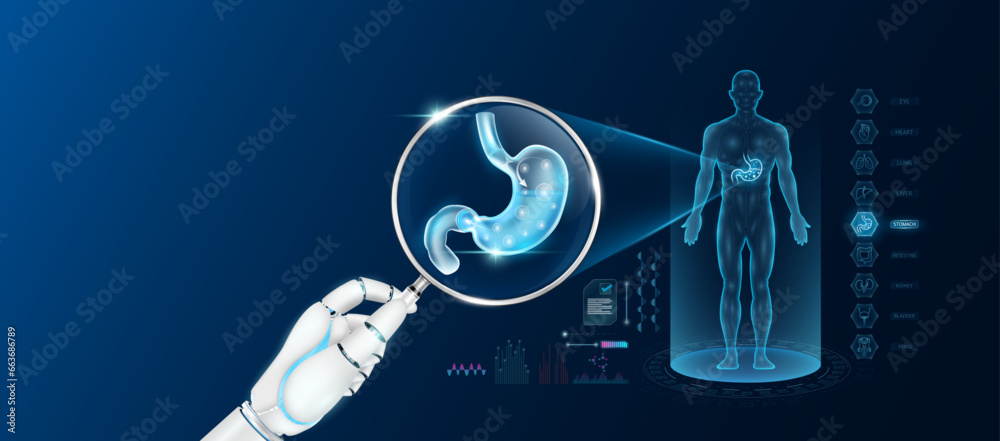 Doctor robot hand holding magnifying glass looking stomach analysis ...