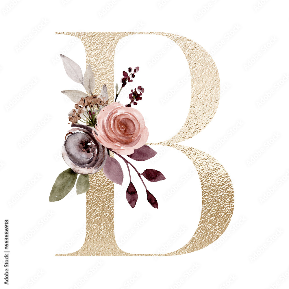 Floral alphabet, gold letter B with watercolor flowers and leaves. Art ...