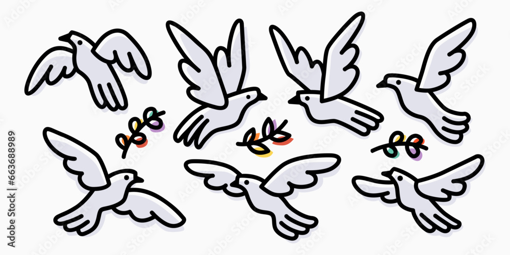 quirky cute dove cartoon outline vector logo icon illustration set ...