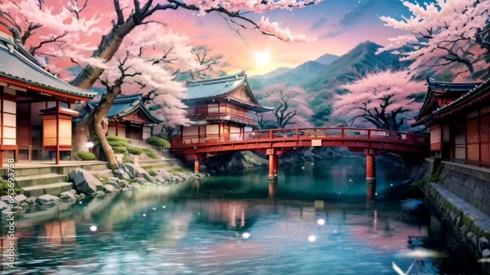 Fantasy traditional Japanese house with a bridge over a beautiful river ...