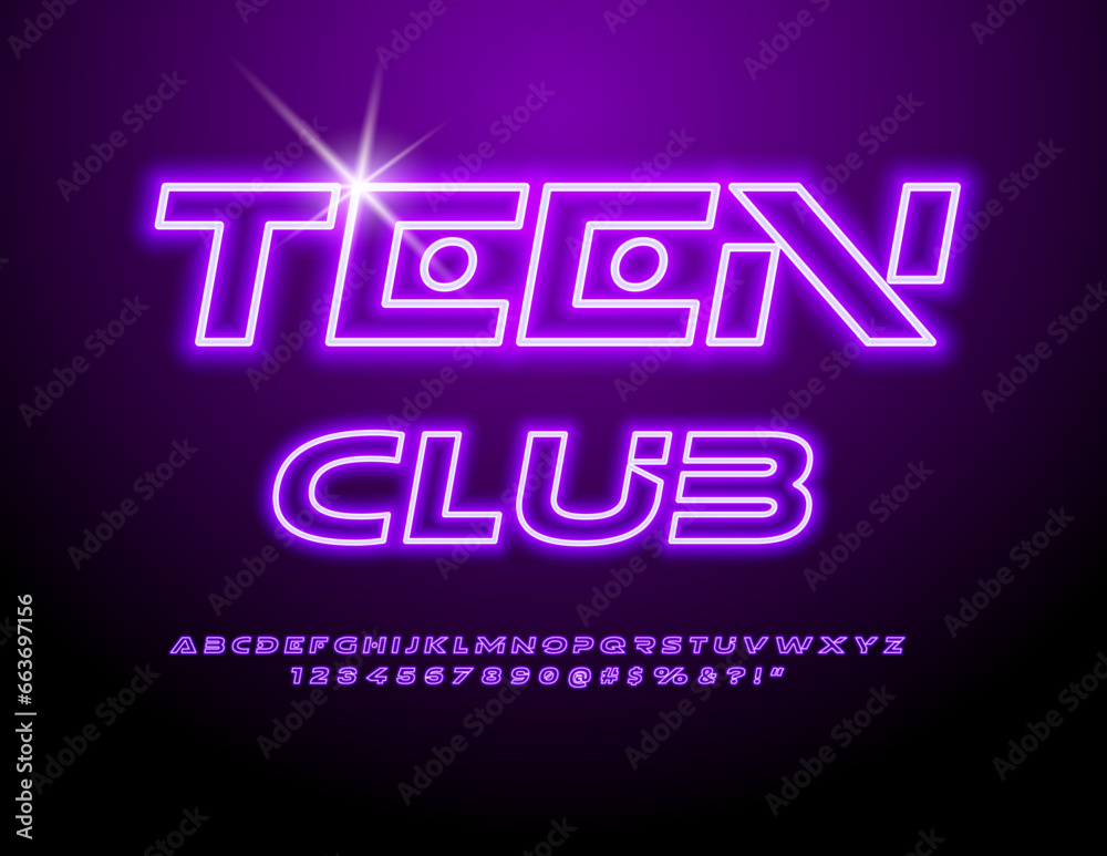 Vector glowing emblem Teen Club. Trendy Electric Font. Neon violet ...