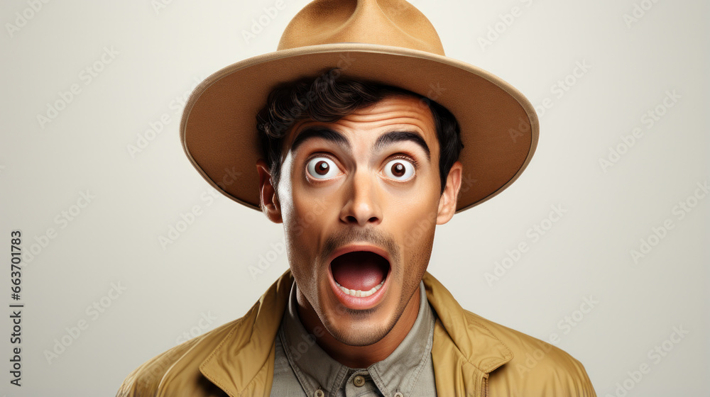 Young handsome tourist man on vacation wearing explorer hat scared in ...