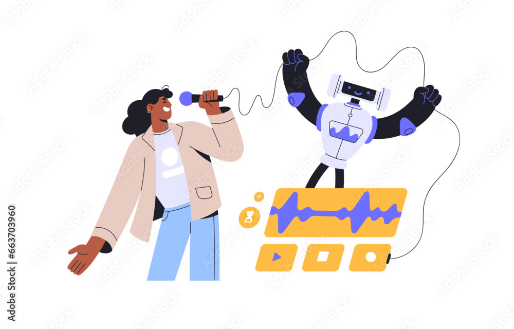 Neural networks concept. AI robot help to record sound. Woman sing with ...