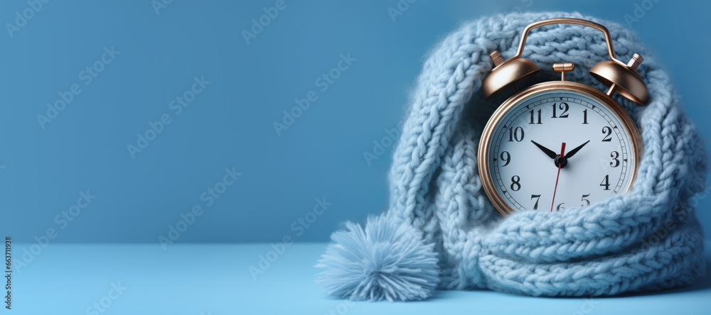 Clock wrapped in warm hat on homogeneous light blue background to ...