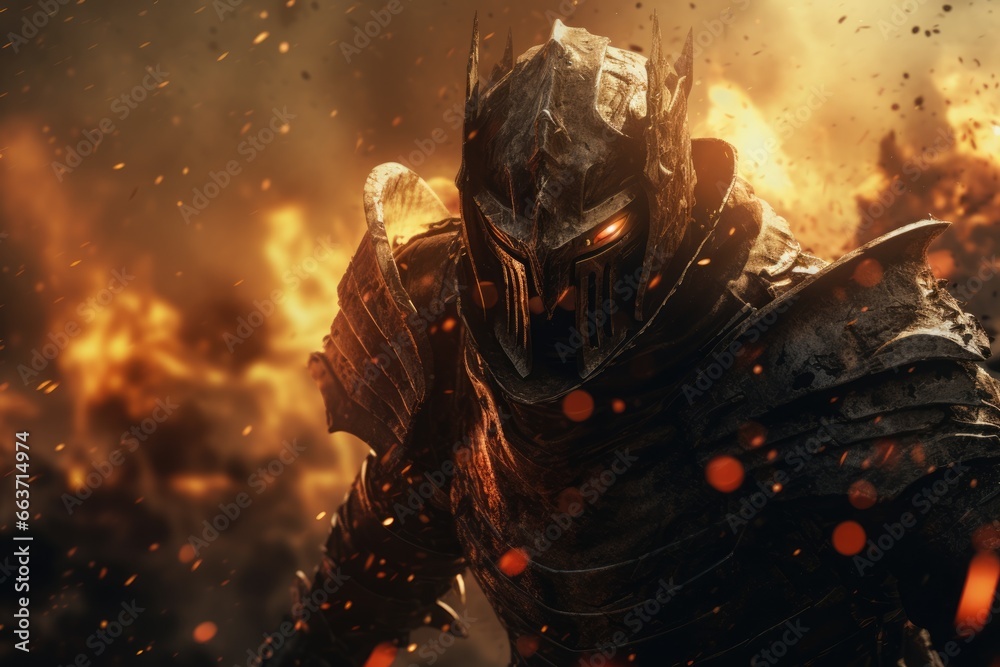 Medieval Hero in Battle Armor: Dark Knight Silhouette on a Fiery War ...