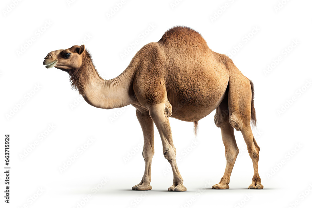 Camel; White Background; Standing; Right-Facing; Light Brown Fur; Two ...