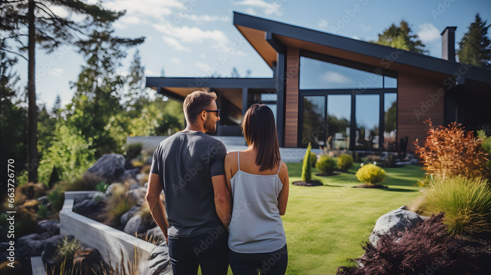 Couple standing back to back in front of their new modern home. Young ...