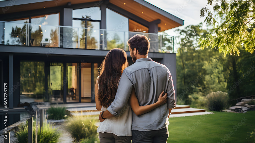 Couple in love hugging in front of their new modern house. Real estate ...