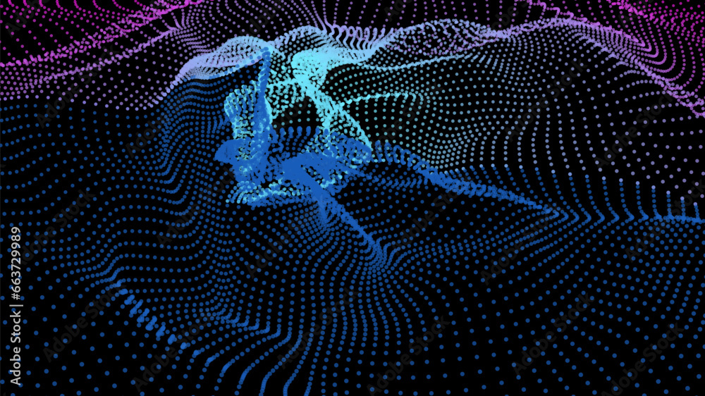 Energy net flows. Dot particle lines penetrating fog. Neon lights ...