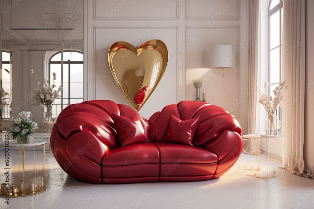 Modern living room interior design with heart sofa Stock Illustration ...