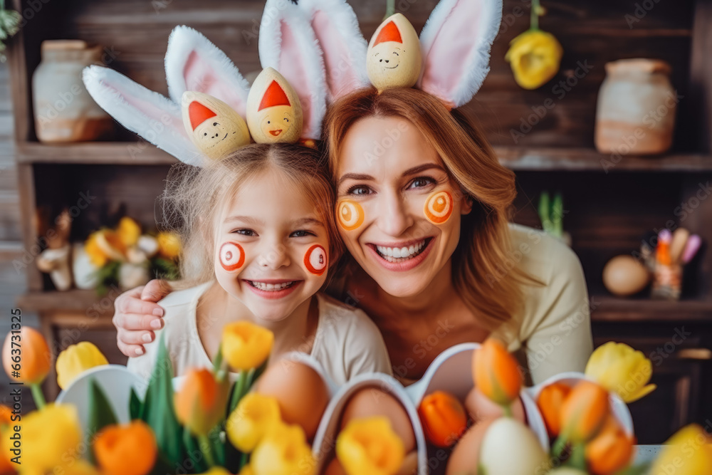 Excited mother and daughter wearing bunny ears and eater makeup. Mother ...