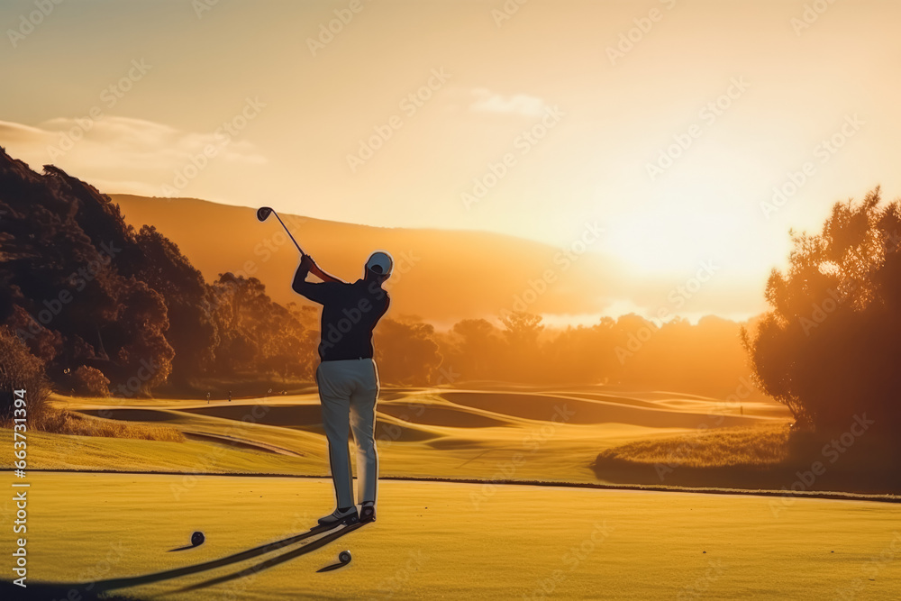 Golfer hit sweeping driver after hitting golf ball down the course ...