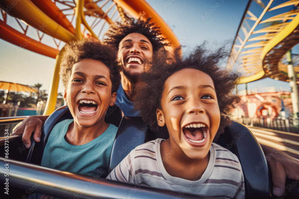Mother and two children riding a roller coaster together having fun ...