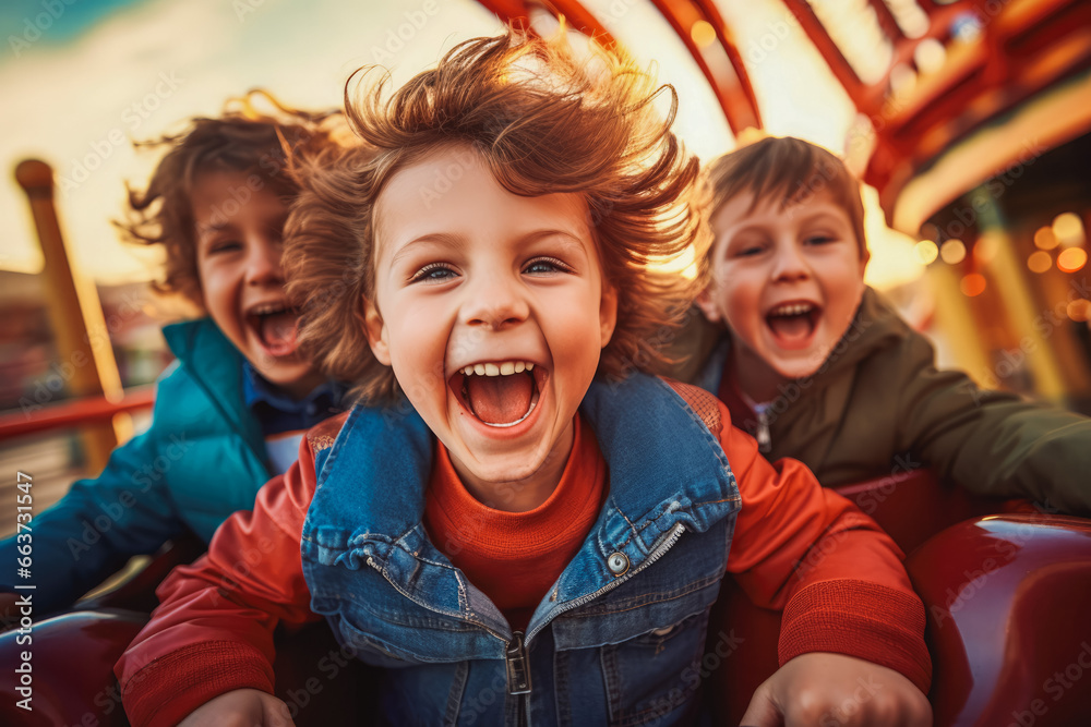 Mother and two children riding a roller coaster together having fun ...