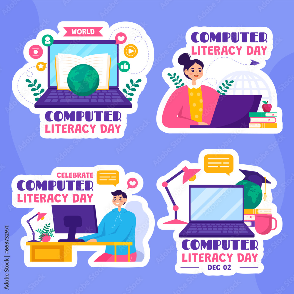 Computer Literacy Day Label Illustration Flat Cartoon Hand Drawn ...