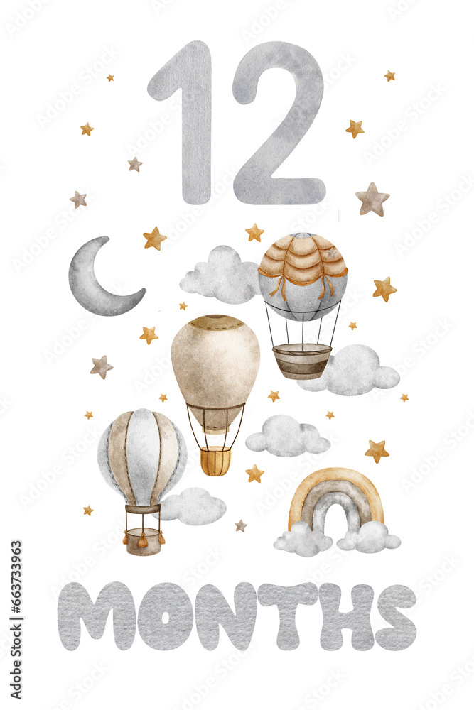 Baby Milestone Card with Beige Hot Air Balloon, clouds and stars. Baby ...