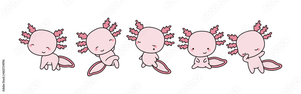Set of Cartoon Isolated Axolotl. Set of Cute Kawaii Salamander in Funny ...