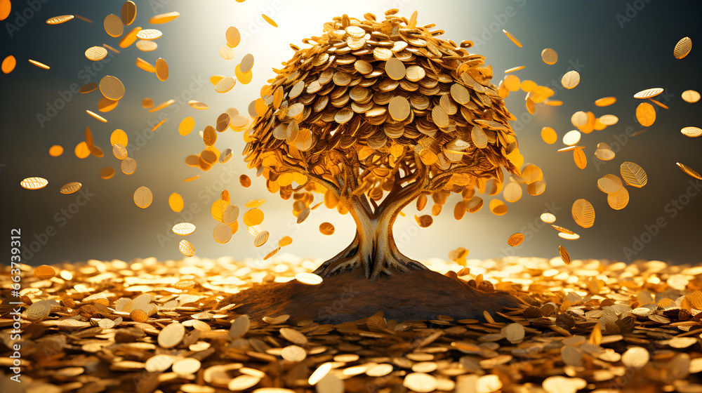 Foto de Gold coin tree with coins as leaves falling on the ground, idea for limitless income ...