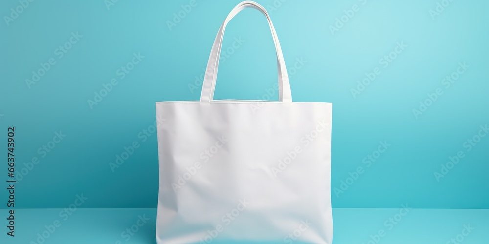 Empty white tote bag mockup isolated on cyan light blue background ...