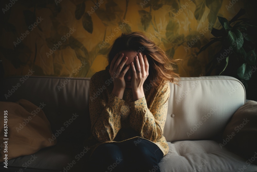 Exhausted mother covering her face in distress, Portrait woman in ...