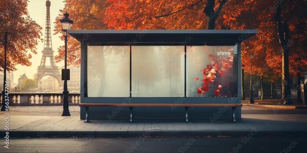 Bus stop billboard Mockup in empty street in Paris. Parisian style ...
