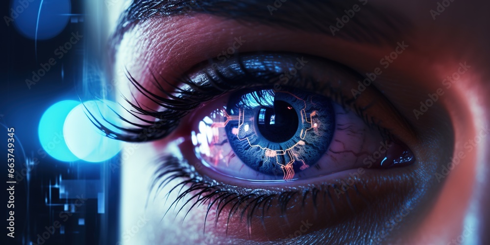 Futuristic woman eye display cyberspace concept science background ...