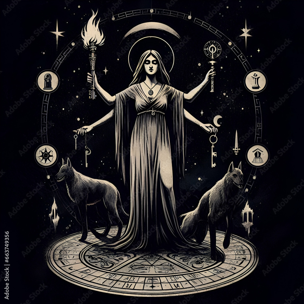Goddess of moon, hekate deipnon, generative ai Stock Illustration ...