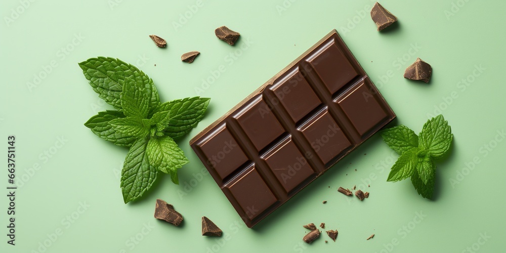 Organic mint chocolate. Chocolate spot with mint leaves and square ...