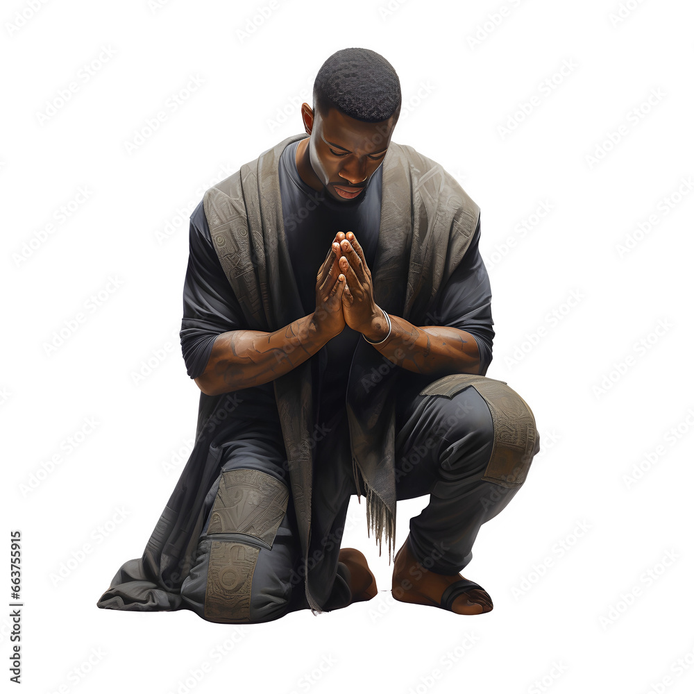 Black man kneeling and praying with hands together, on transparent ...