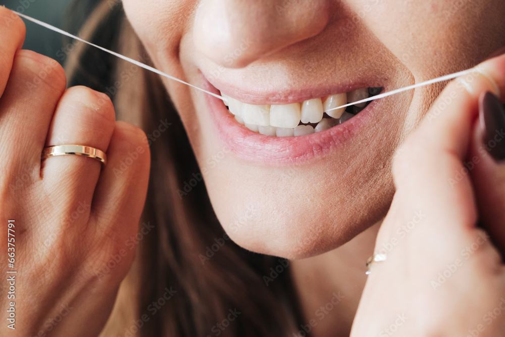 Flossing teeth background. Closeup teeth. Smiling woman. Using dental ...