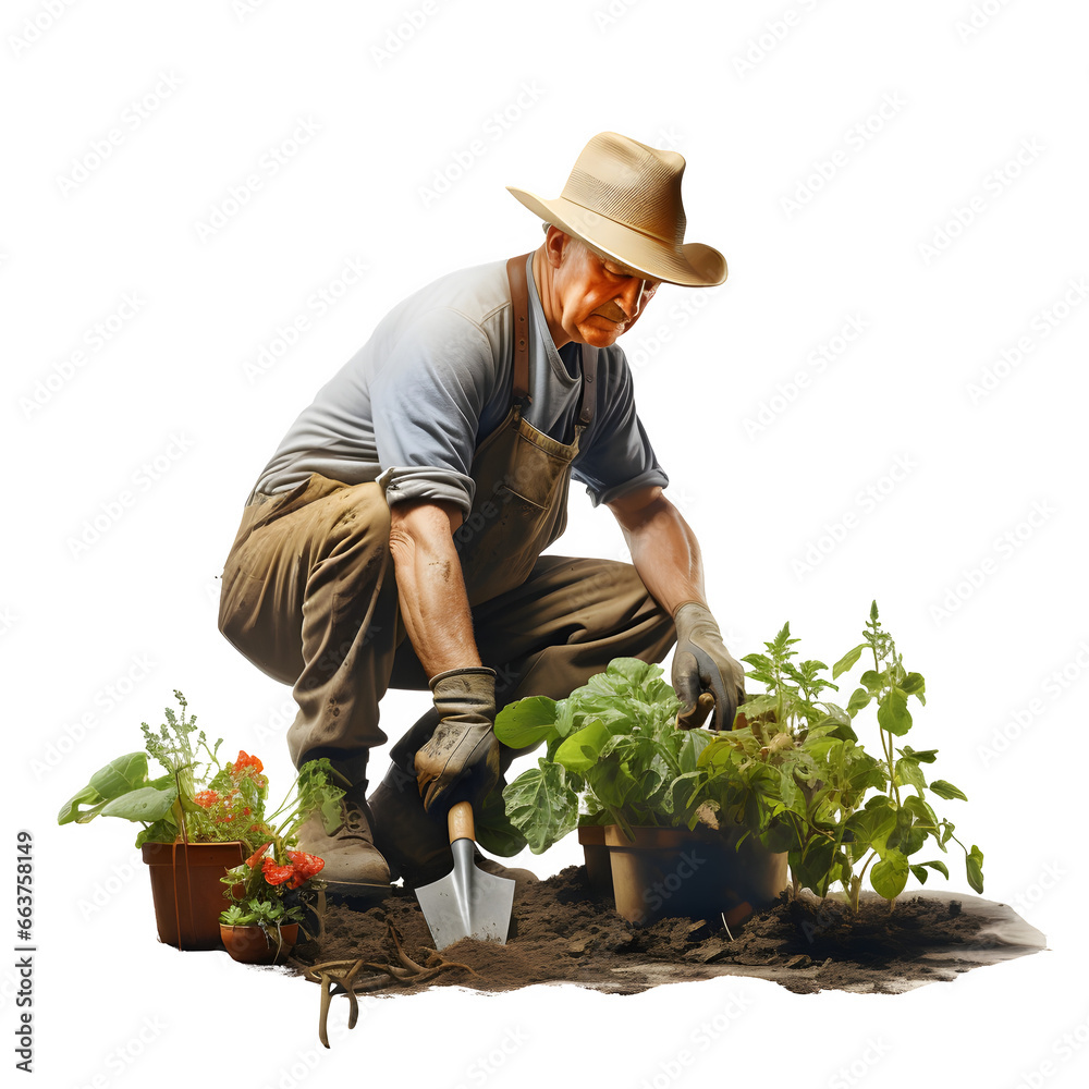 Caucasian man in garden planting flowers, on transparent background ...