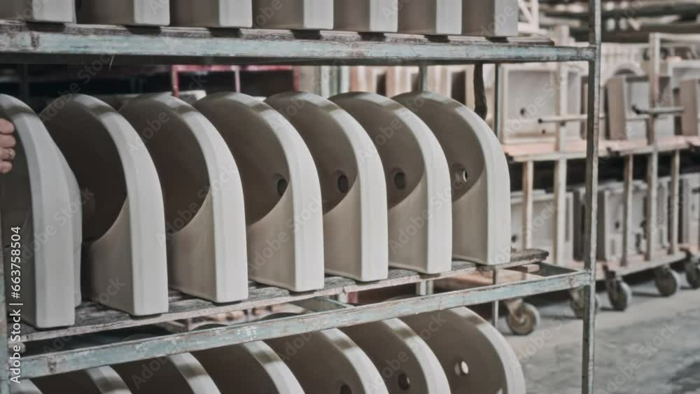 Sink blanks are stacked on a rack-cart in a plumbing production ...