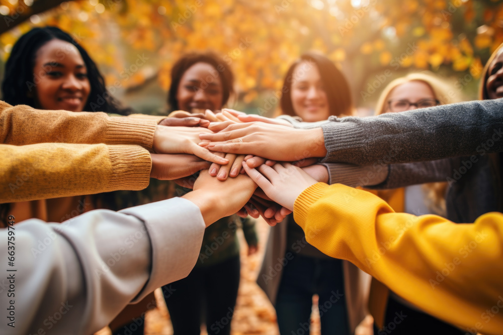 Fotografia do Stock: Group of mix race people joining hands together in ...