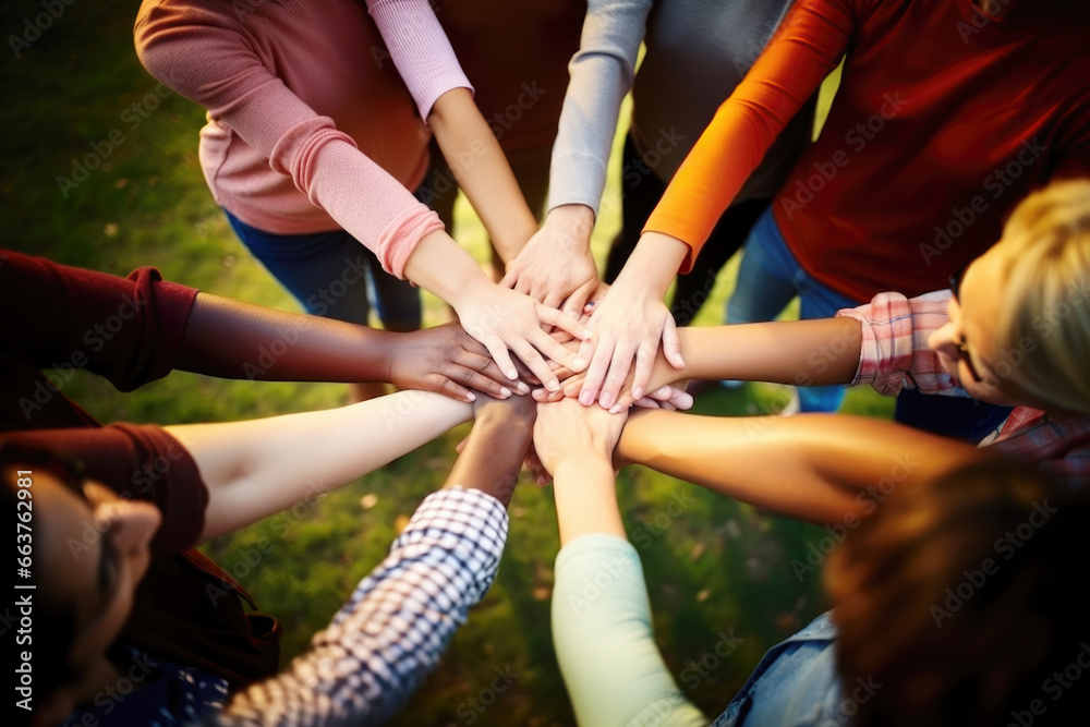 Group of mix race people joining hands together in a circle supporting ...
