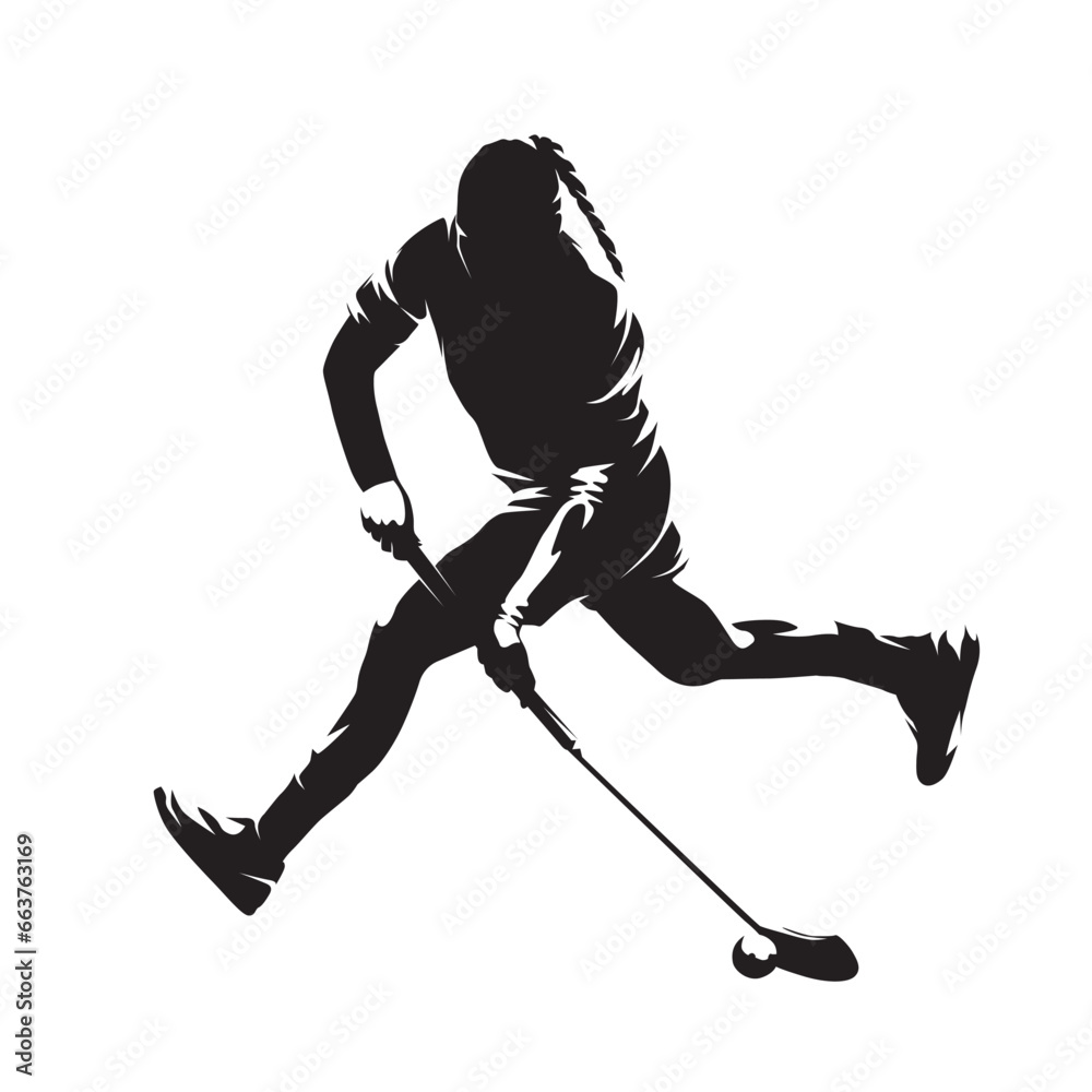 Floorball, woman playing floorball with stick and ball, isolated vector ...
