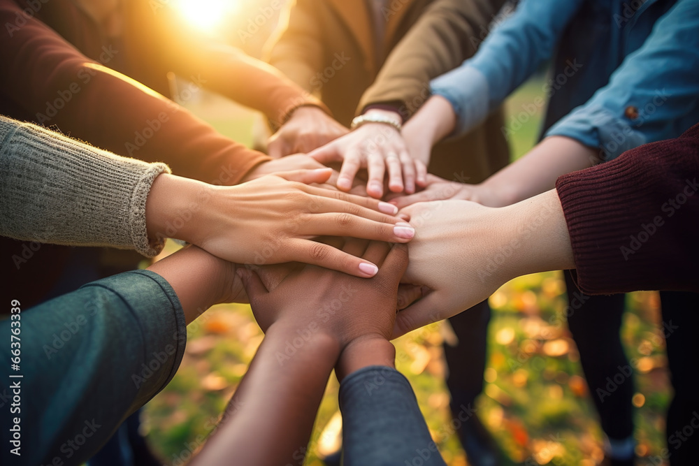 Group of mix race people joining hands together in a circle supporting ...