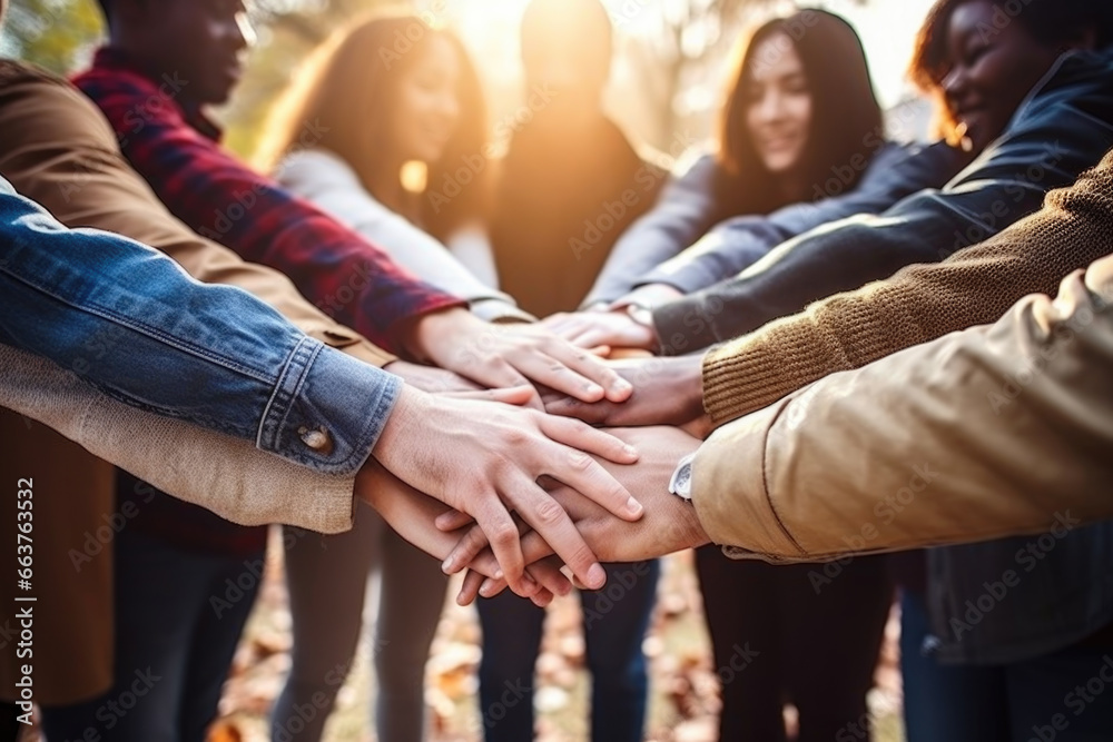 Group of mix race people joining hands together supporting each other ...