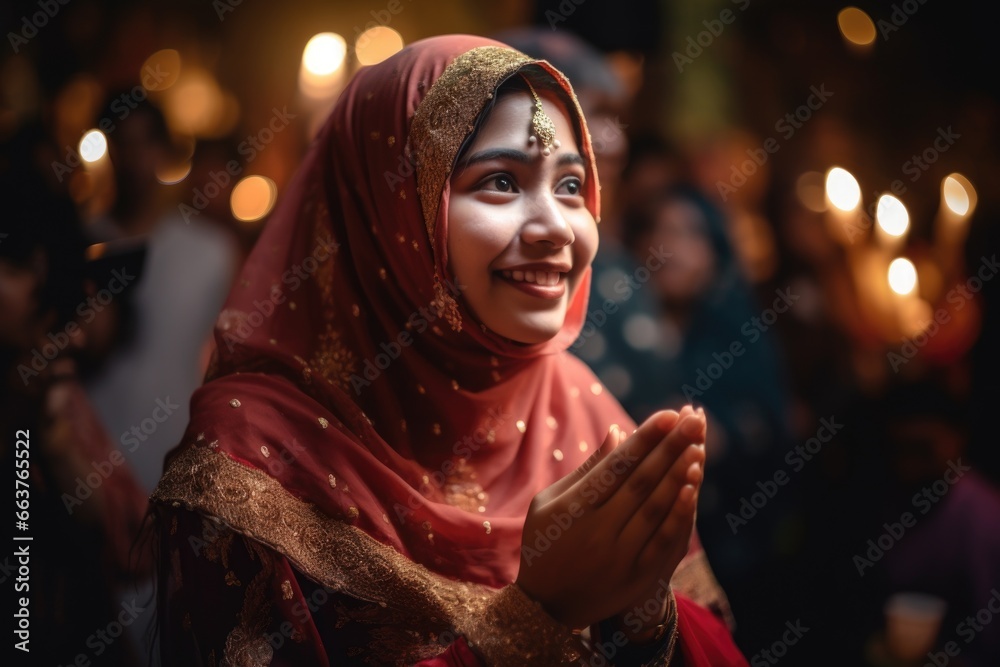 A Muslim woman celebrating a festive occasion, dressed in traditional ...