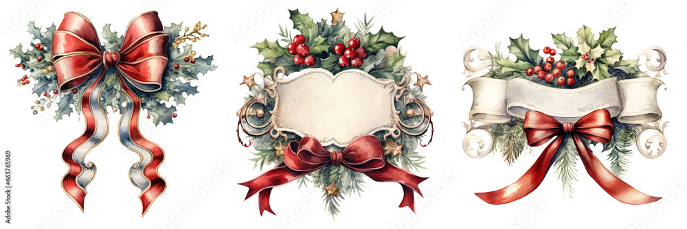 Vintage Christmas Ribbon gift bows decoration, retro christmas clipart ...