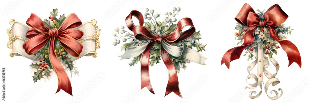 Vintage Christmas Ribbon gift bows decoration, retro christmas clipart ...