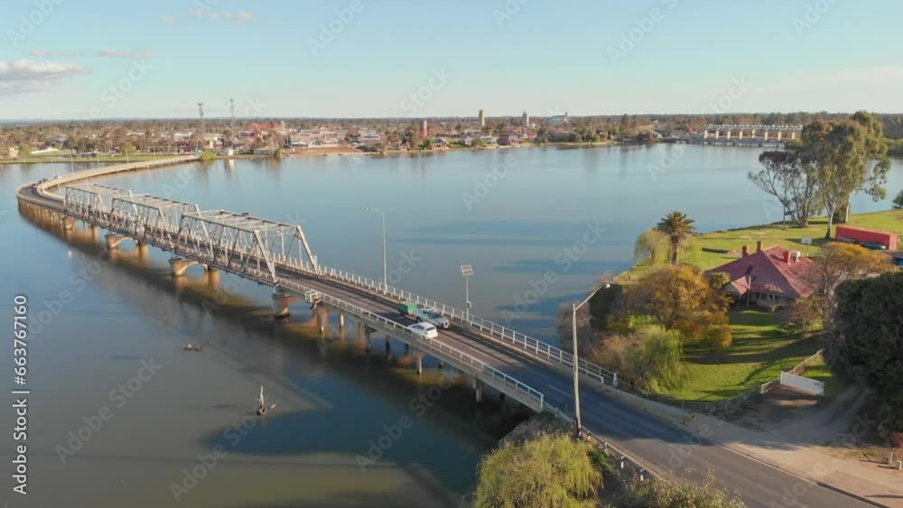 Approaching aerial view of traffic crossing the Yarrawonga Mulwala ...