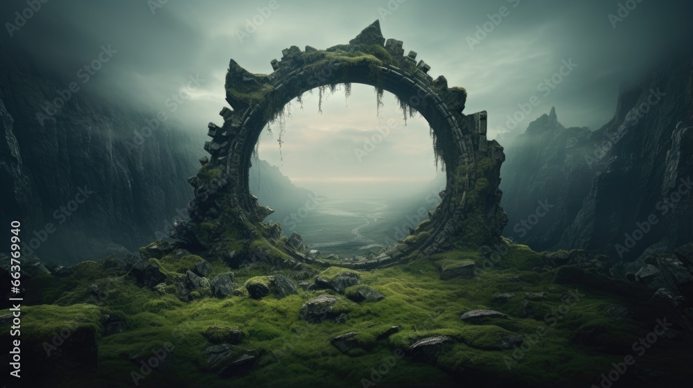 Ancient round stone portal gateway, monolithic ruins structure ...